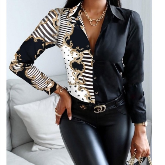 chicme | Tops | Mixed Print Shirt Glam Designer Baddie Luxe Look Top ...